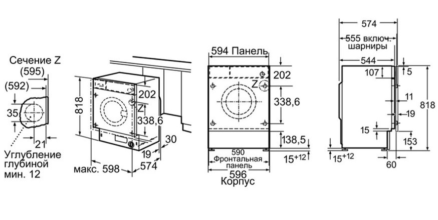 Standard dimensions of a washing machine: height, width, depth